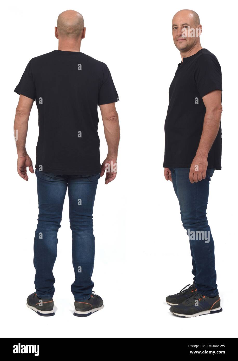 side and back of a man with casual clothing on white background Stock ...