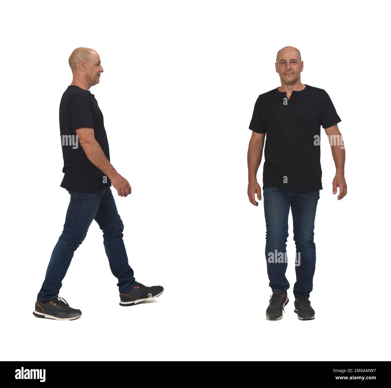 side and front view of same man walking on white background Stock Photo ...