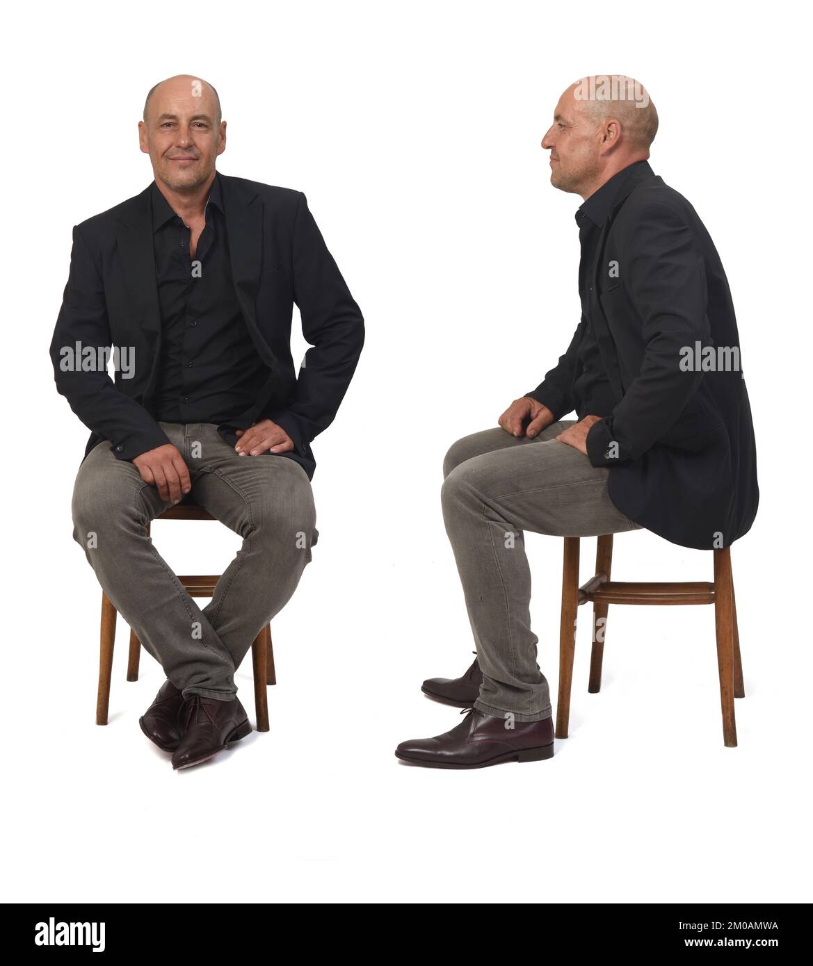 front and side view of same man sitting on chair on white background ...