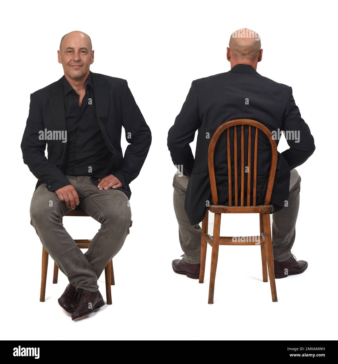 front and side view of same man sitting on chair on white background ...