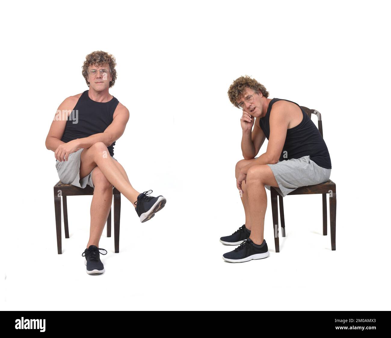 side and front view of same man with sportswear sitting on chair on ...