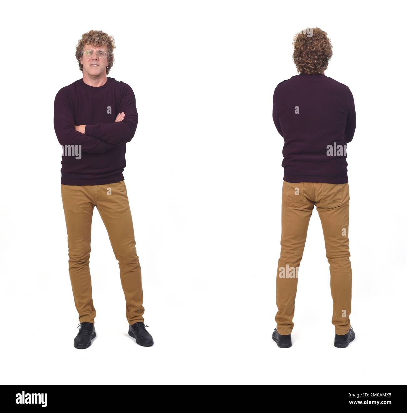 back and front view of same man standing with arms crossed on white ...