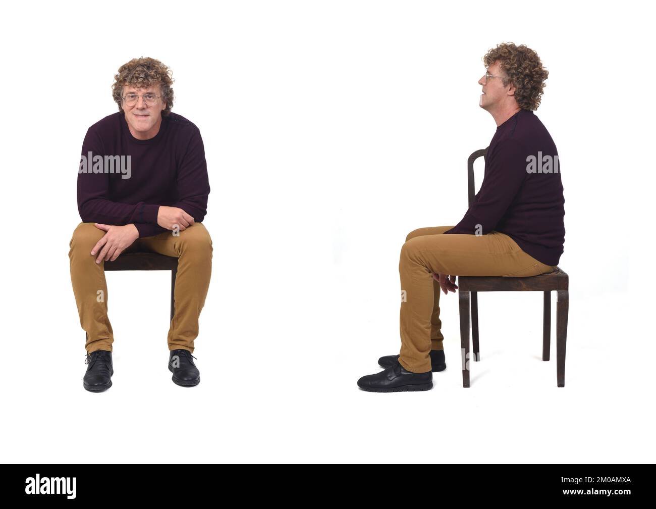 side and front view of same man sitting on chair on white backgound ...