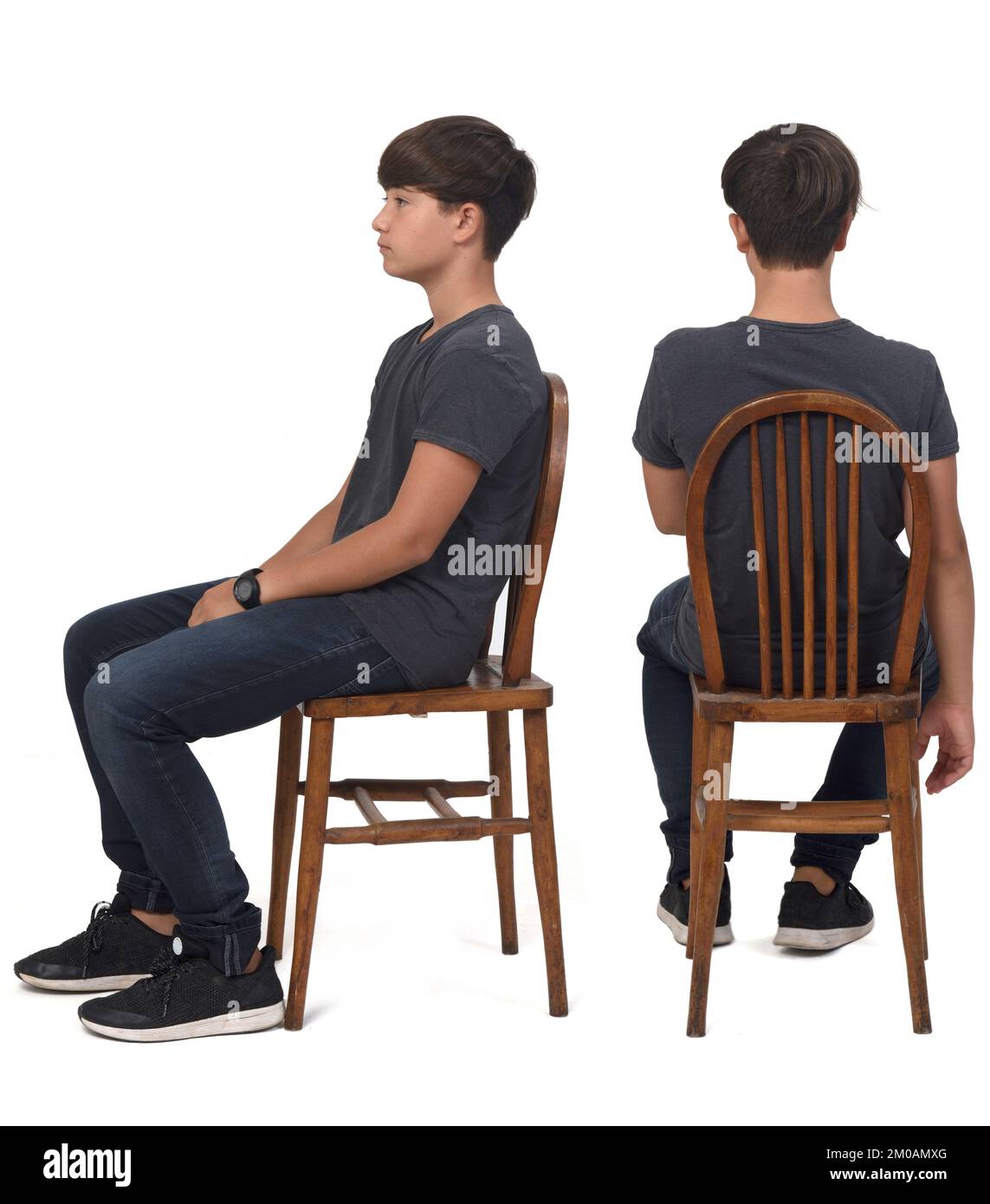 group of same teenage boy sitting on white background, front and back ...