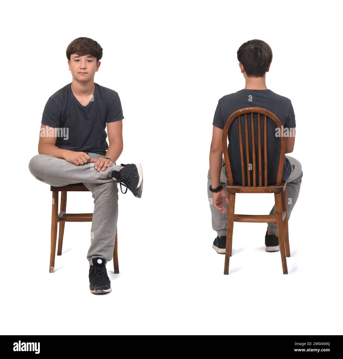 front and back view of same teen sitting on chair on white background ...