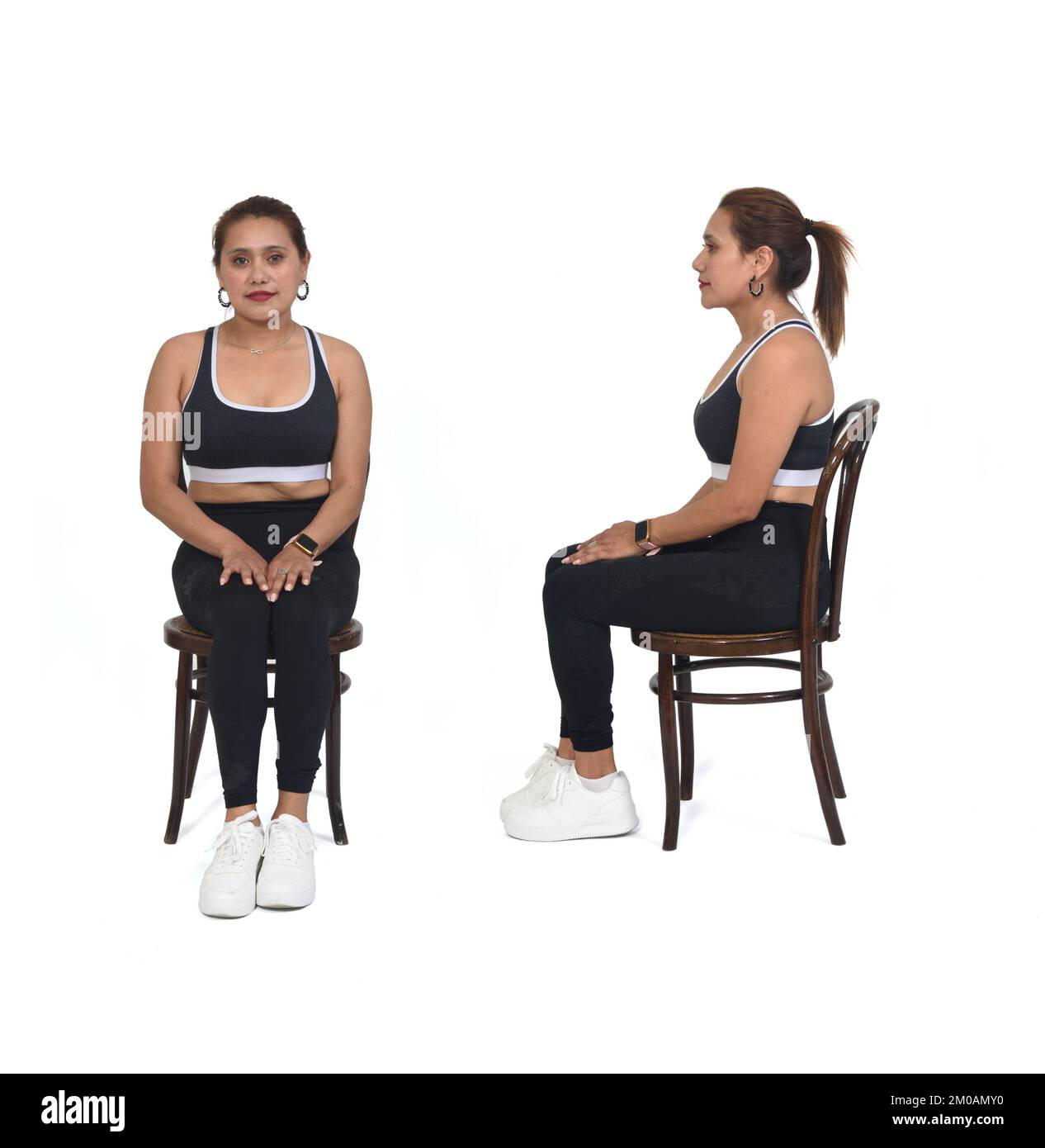 front and side view of same woman sitting on chair on white background ...