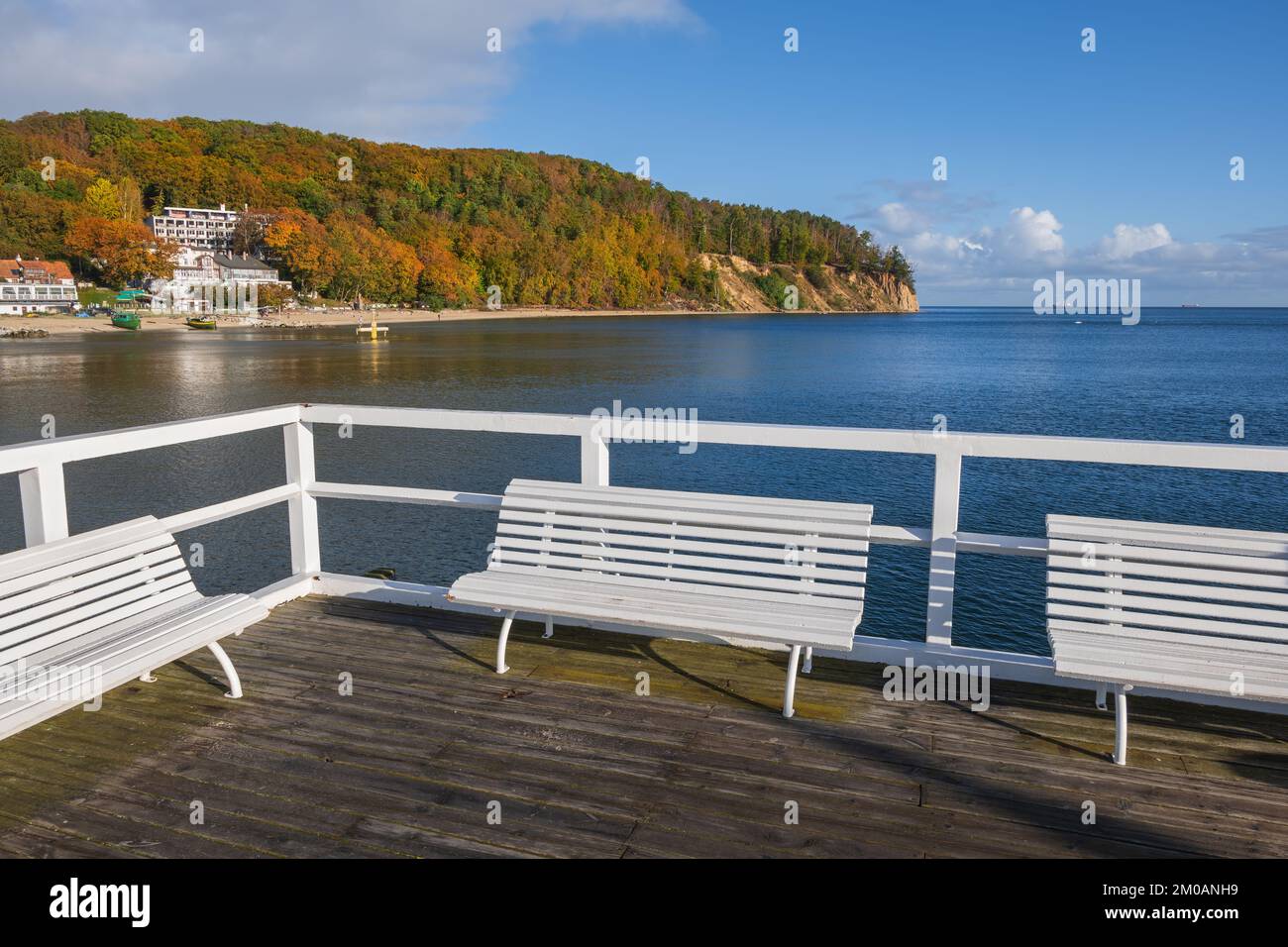 Terrace with benches on wooden Orlowo Pier on Baltic Sea in Gdynia ...