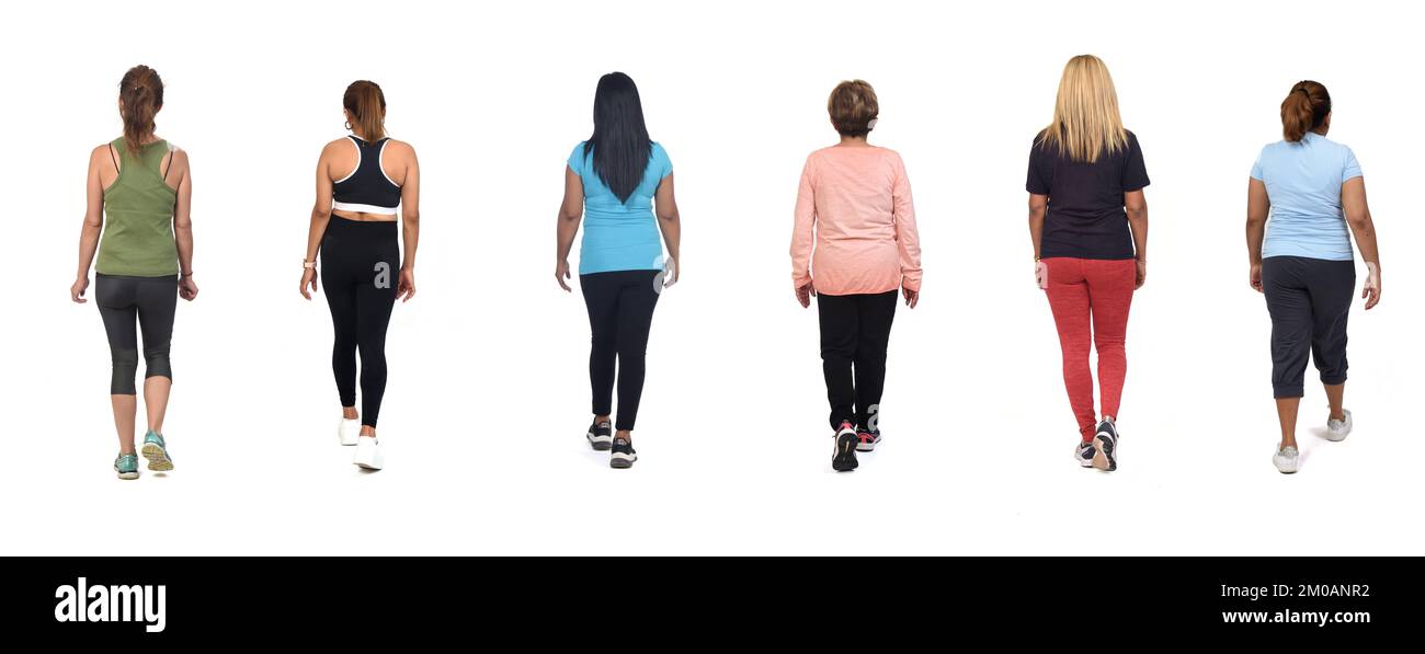 back view group of women in sportswear walk on white background Stock ...