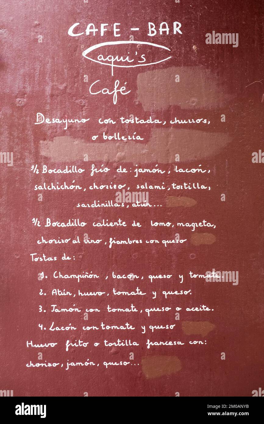 Spain, Toledo, Coffee Bar menu Stock Photo - Alamy