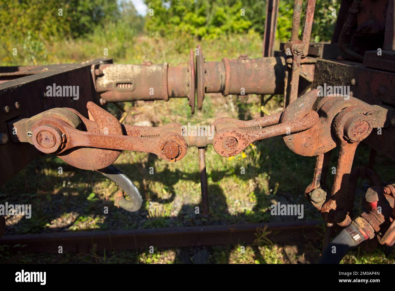 Old rusted train connector and bumpers between railcars Stock Photo - Alamy