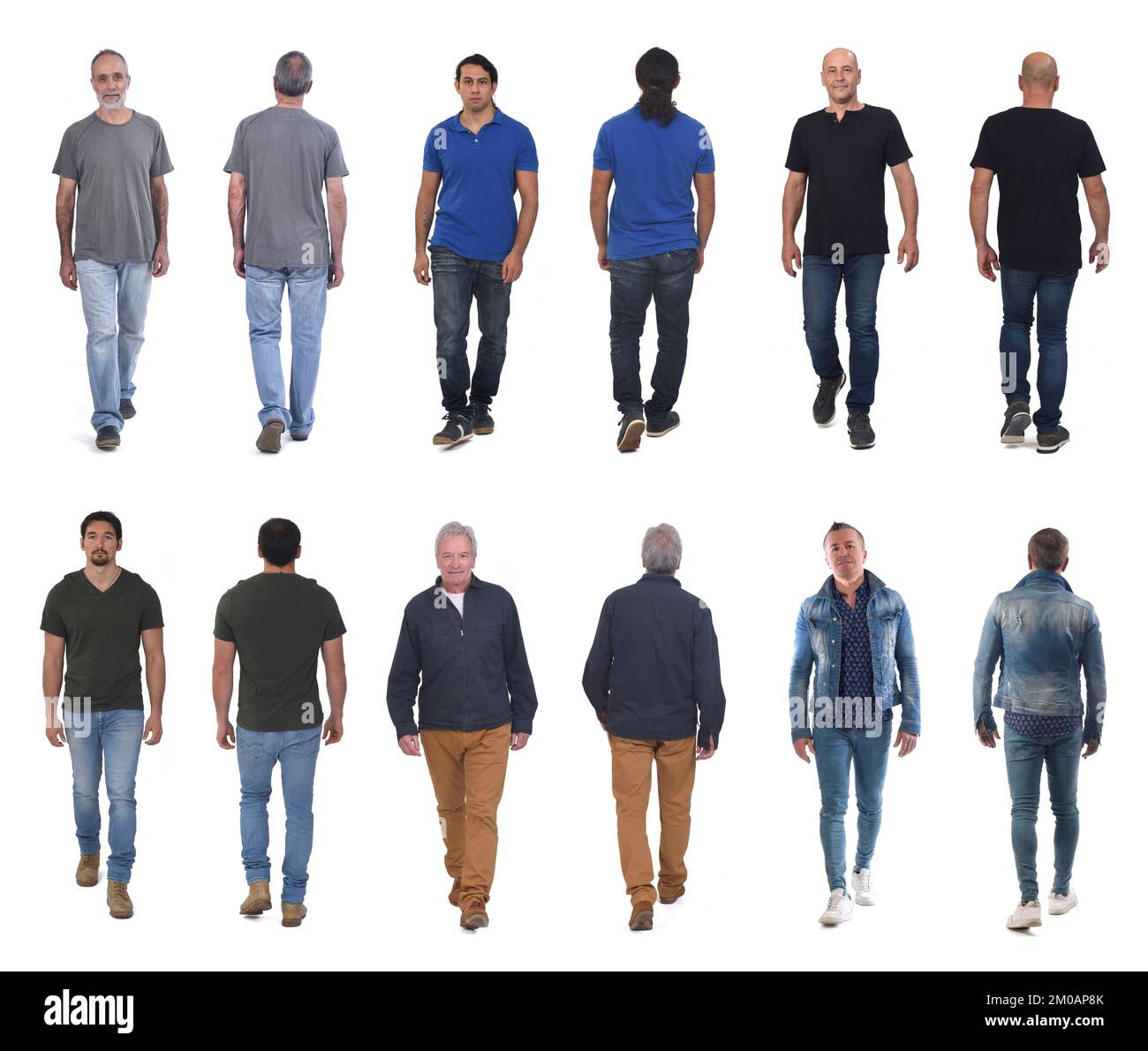 the same men walking from the front and back on white background Stock ...