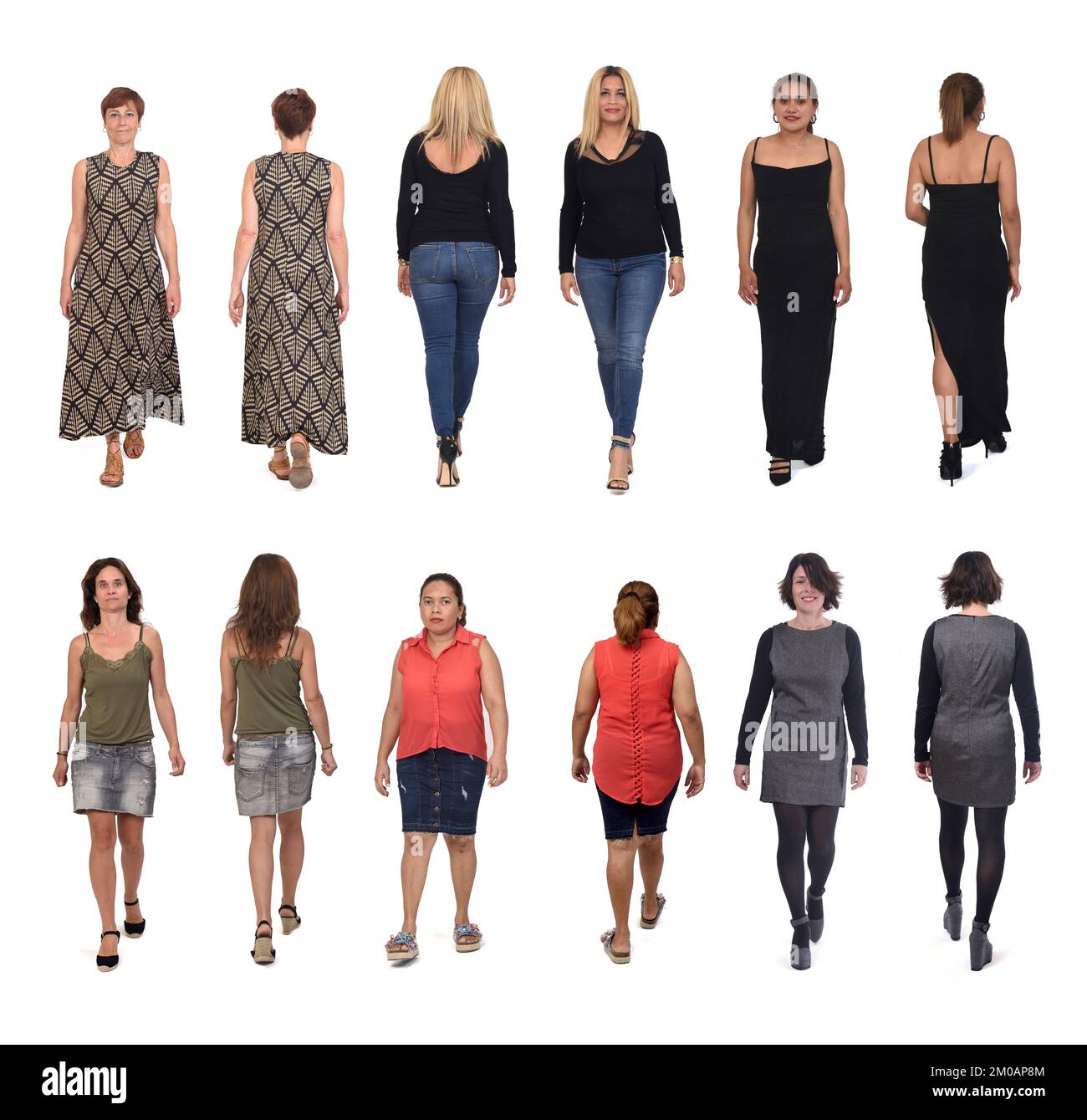 back view of a group of same women walking on white background Stock ...