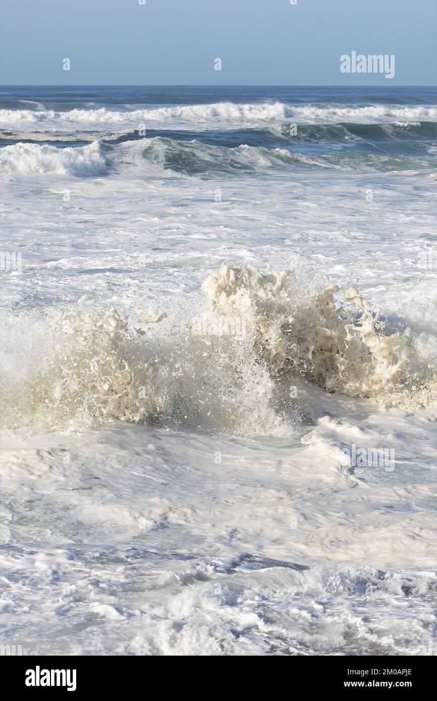 Foamy turbulent water on the Pacific Ocean during a king tide in ...