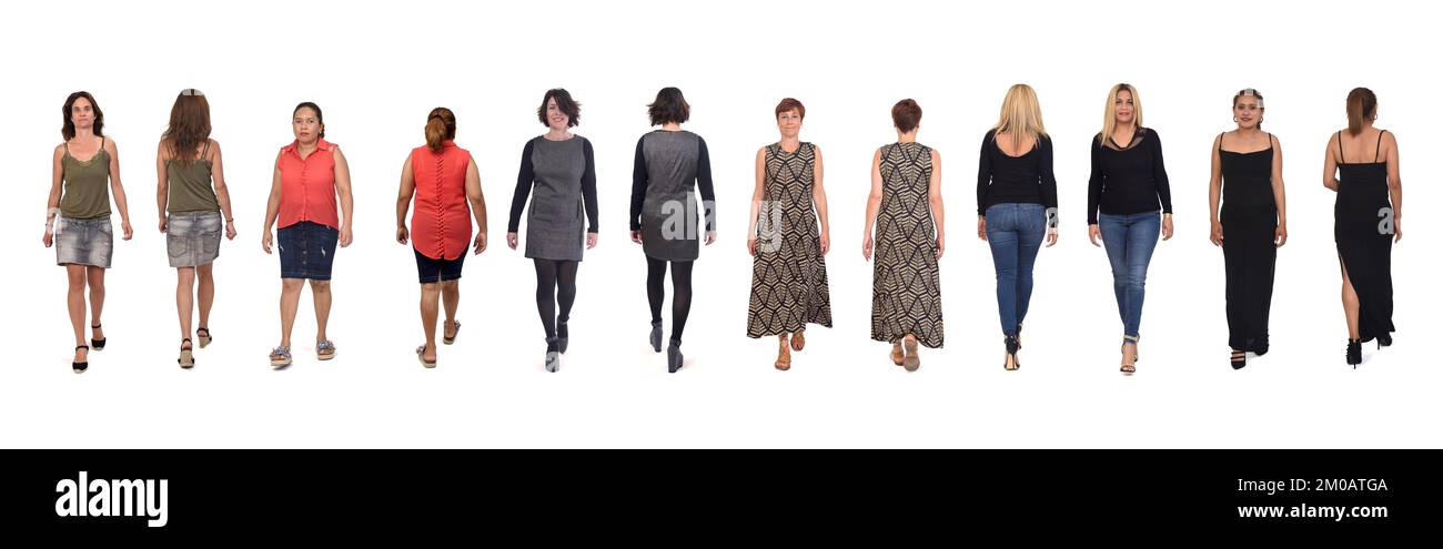 line of back view of a group of same women walking on white background ...