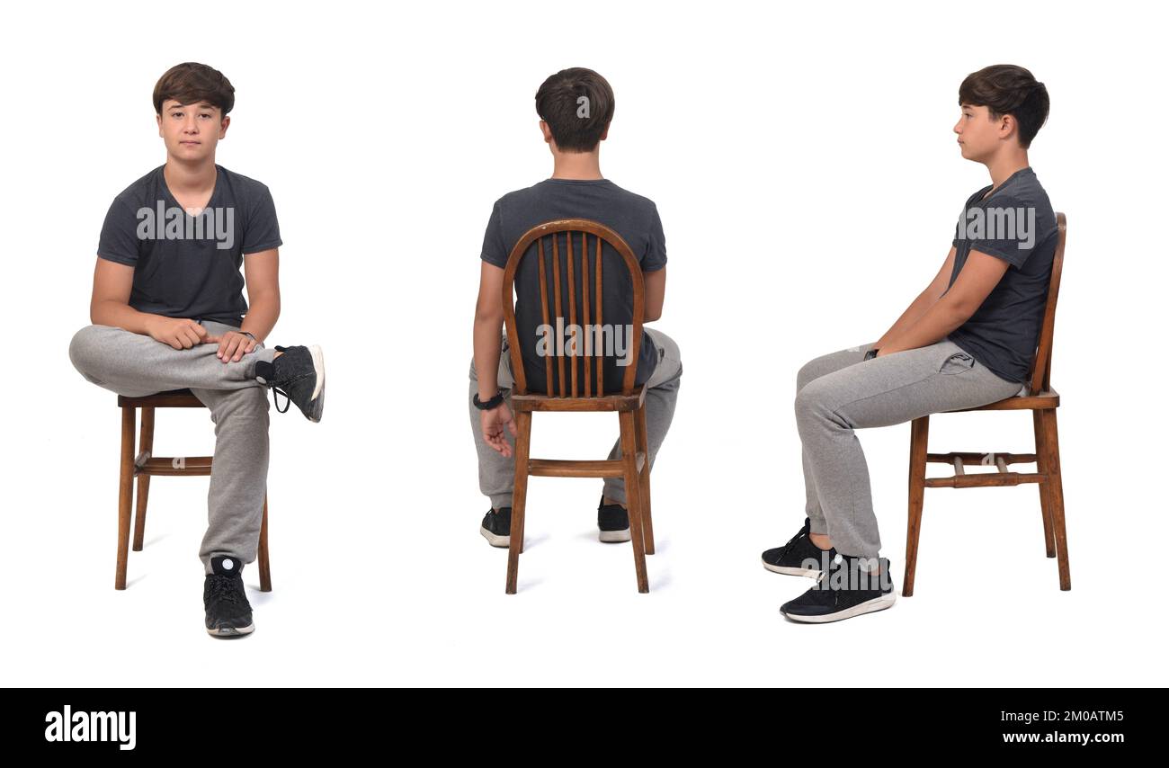 front,side and back view of same teen sitting on chair on white ...