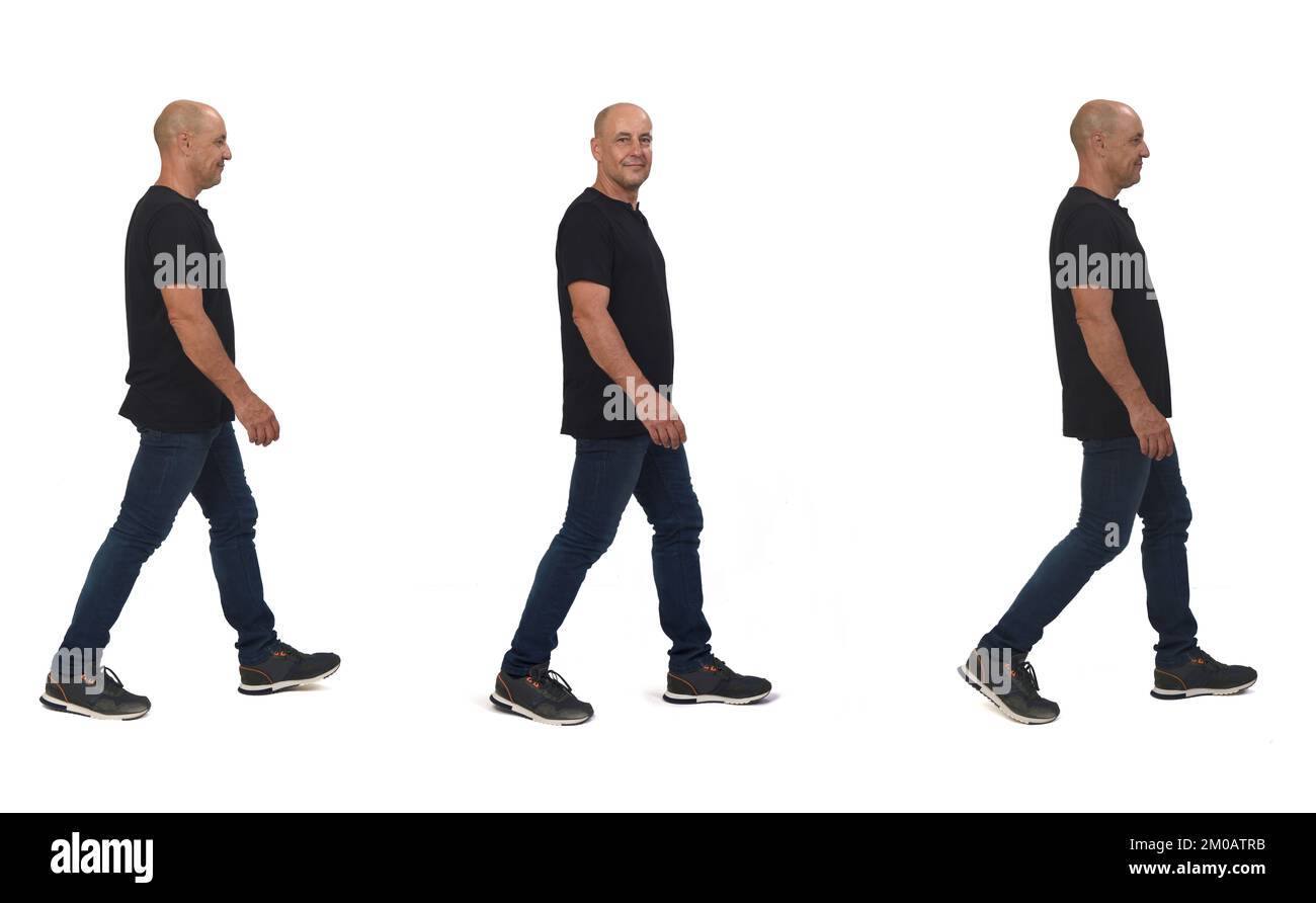 side view of a group same man walking on white background Stock Photo ...