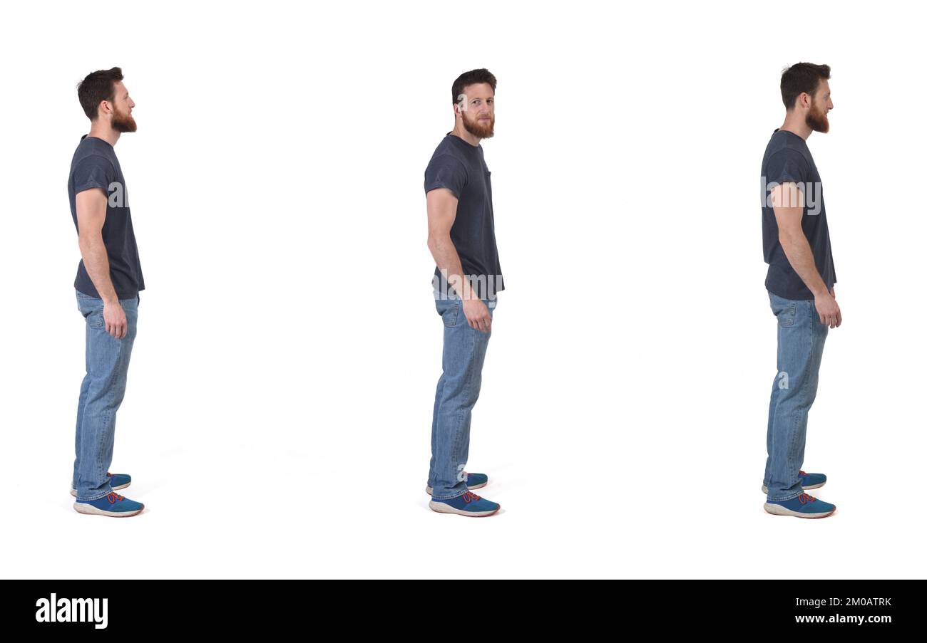 side view of a group of same man on white background Stock Photo - Alamy
