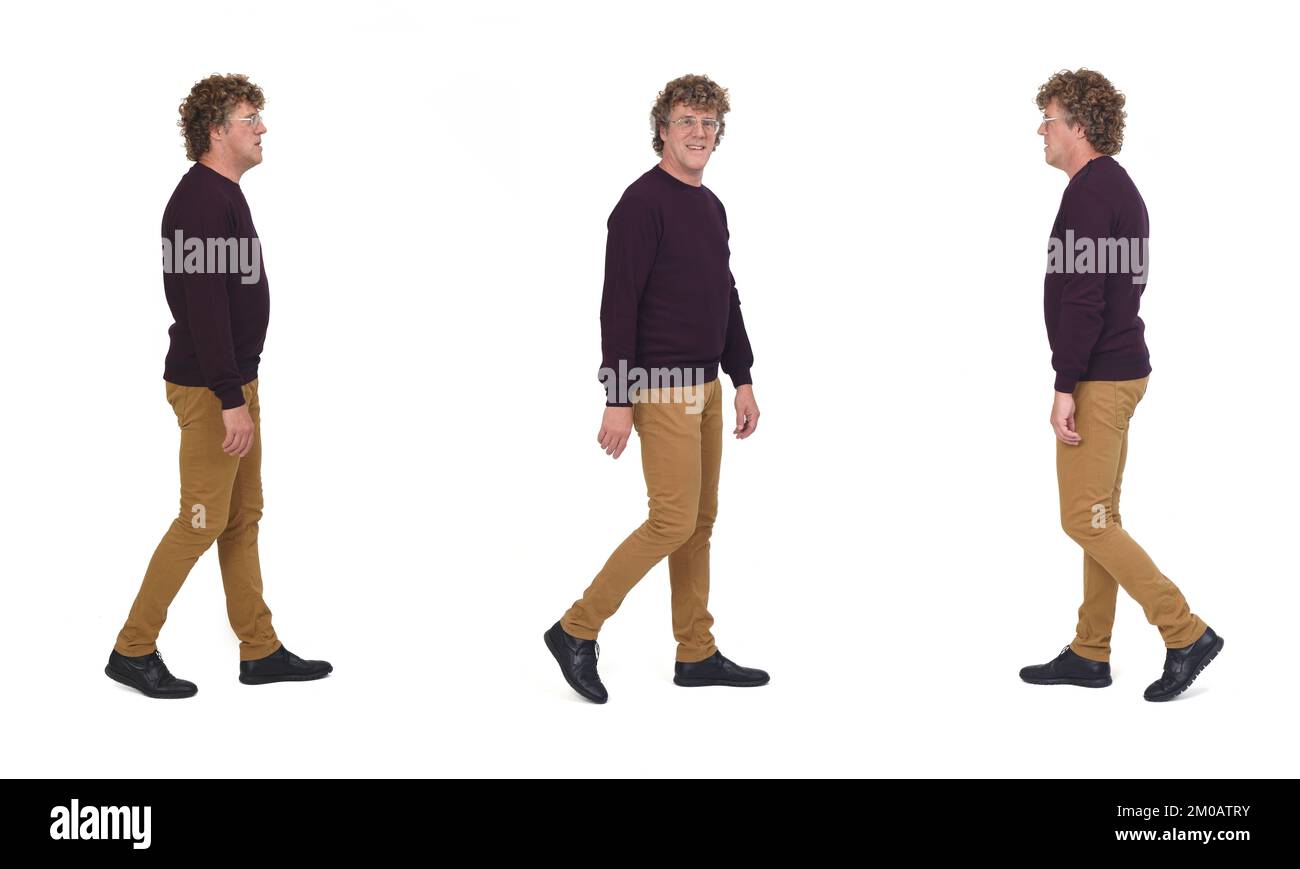 side view of a group of same man walking on white background Stock ...