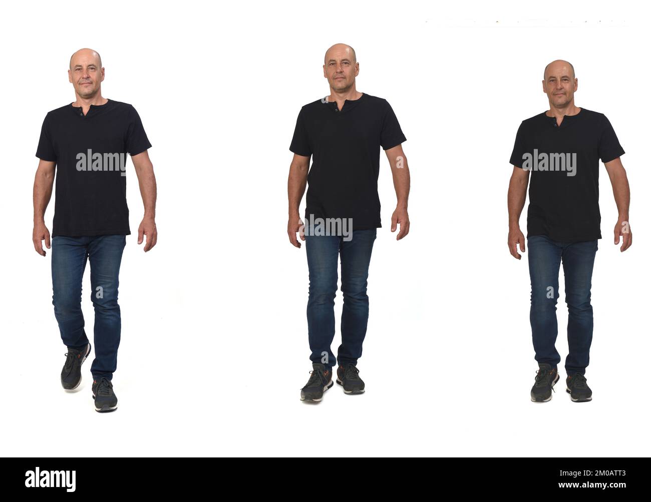 front view of a group of same man walking on white background Stock ...