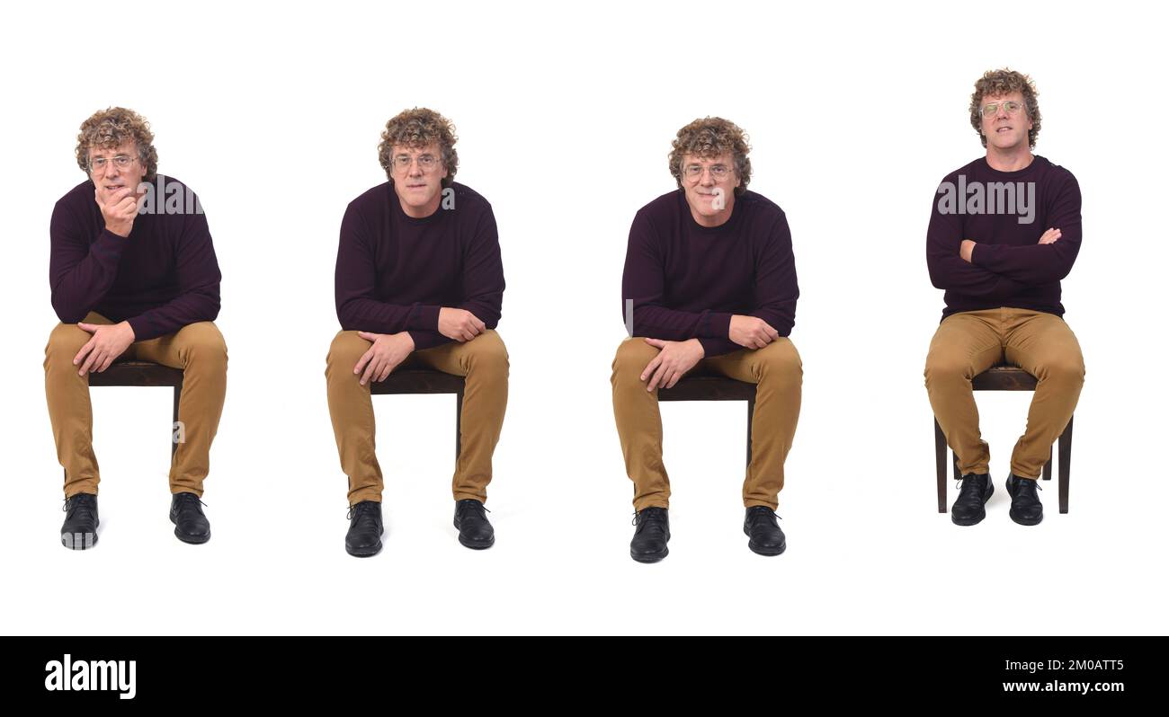 various poses of same man sitting on chair on white background Stock ...