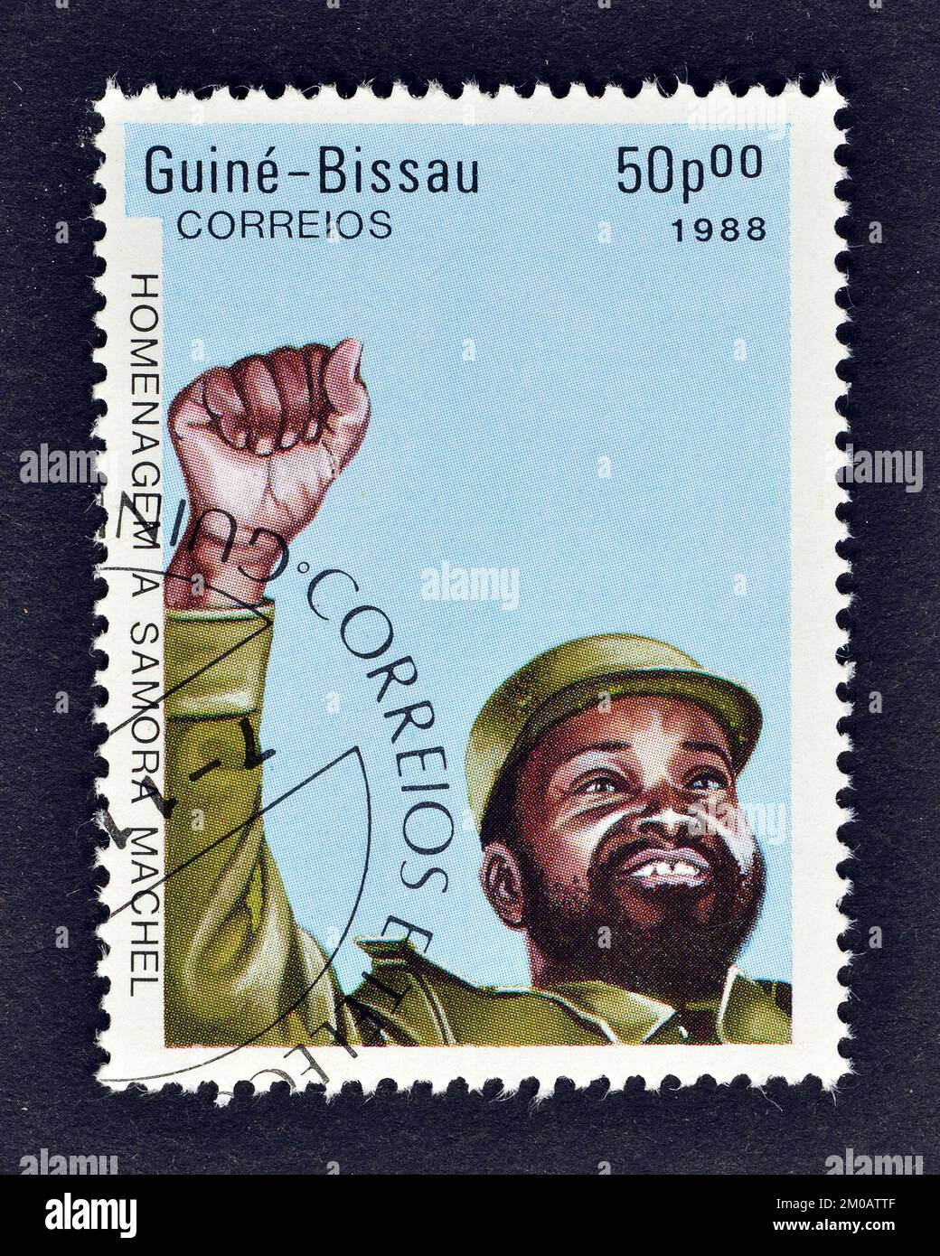 Cancelled postage stamp printed by Guinea Bissau, that shows Samora ...