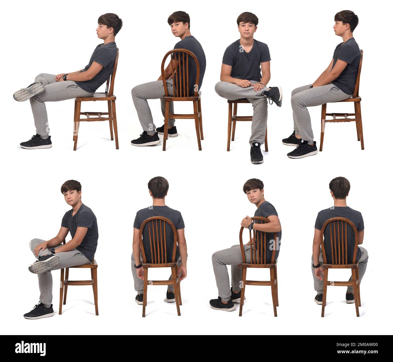 various poses of same teen sitting on chair on white background Stock ...