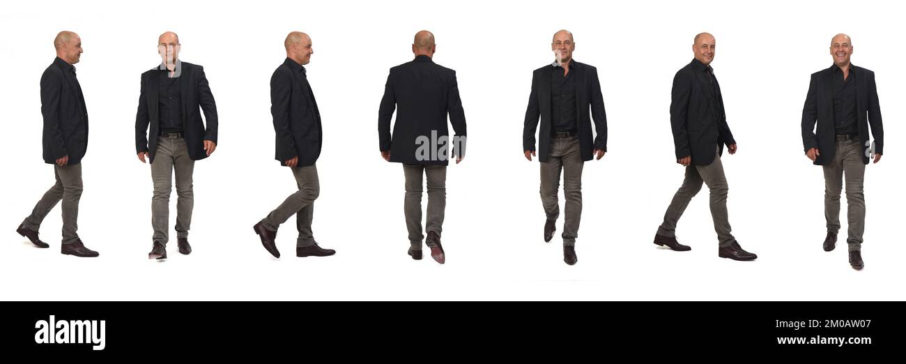 various poses of a large group of same man with blazer and jeans ...