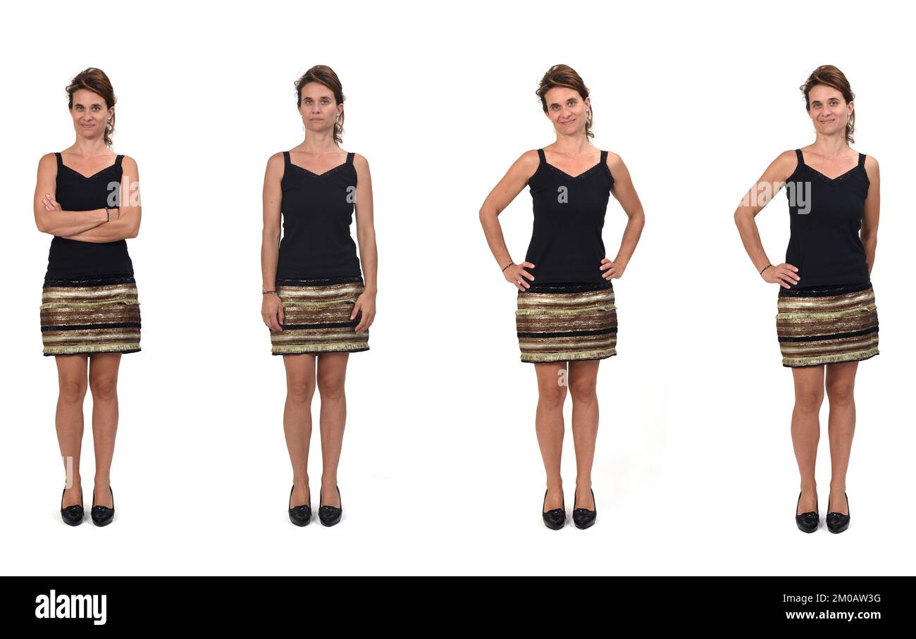 front view of various poses of same woman standing on white background ...
