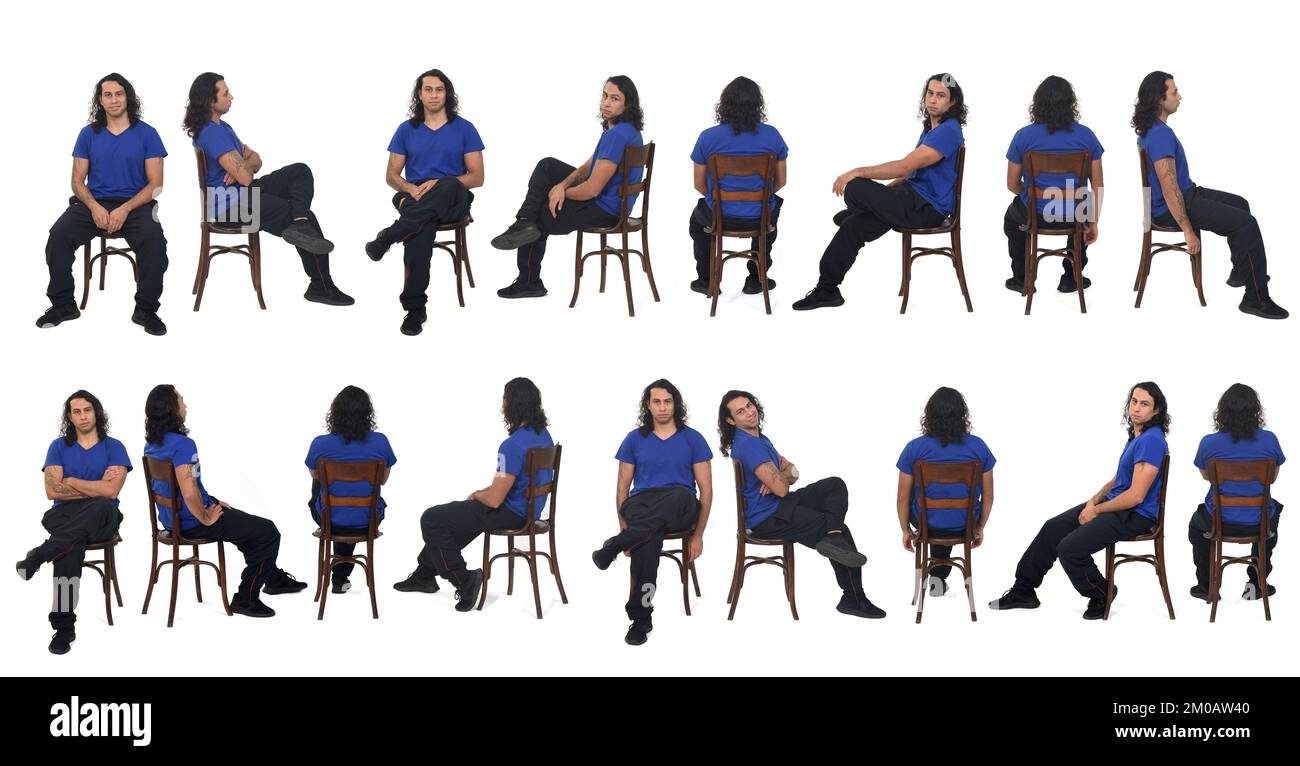 line of same man with sportswear sitting on chair on white background ...