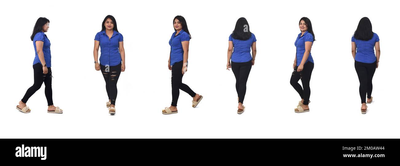 various poses of same women walking on white background Stock Photo - Alamy