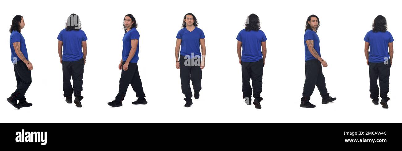 line of same man various poses with sportswear walking on white ...