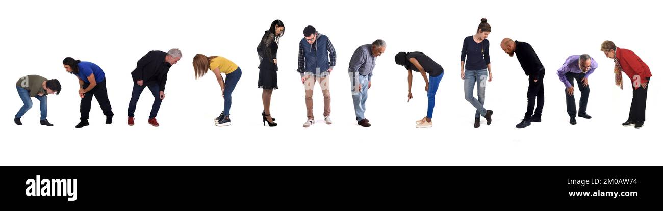 group of people looking for something on the ground on white background ...