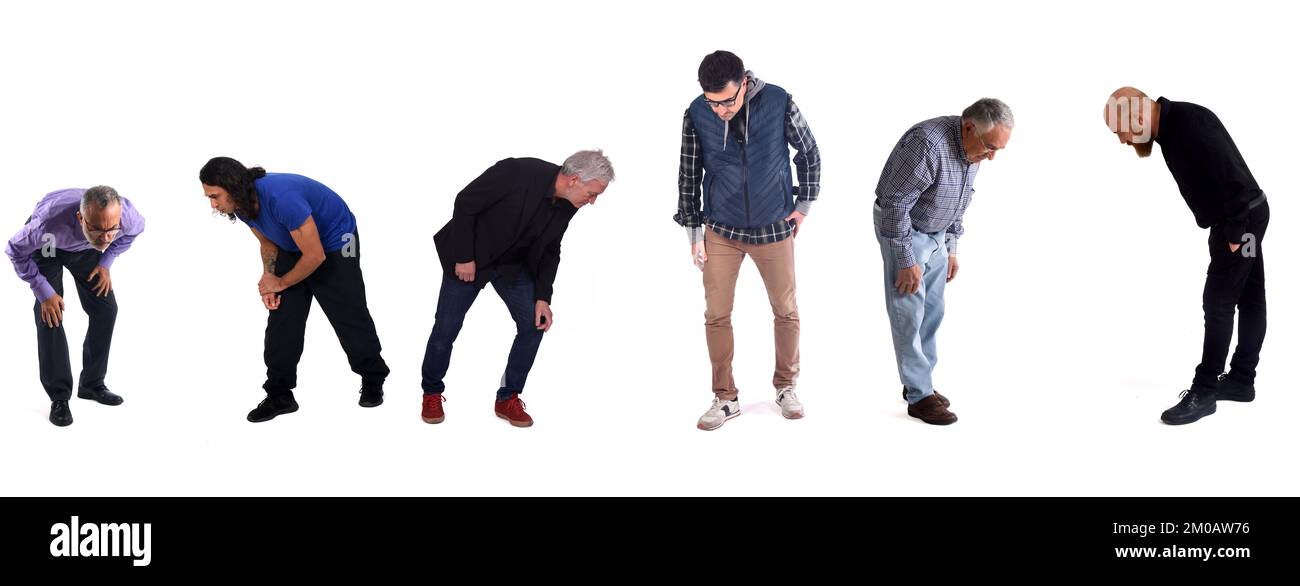 group of man looking at the ground on white background Stock Photo - Alamy