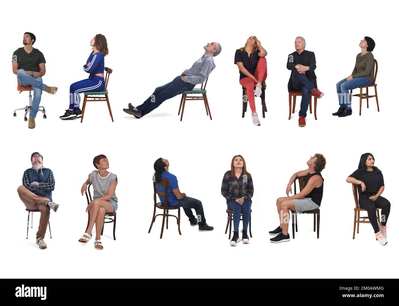 group of people sitting on chair and looking up on white background ...