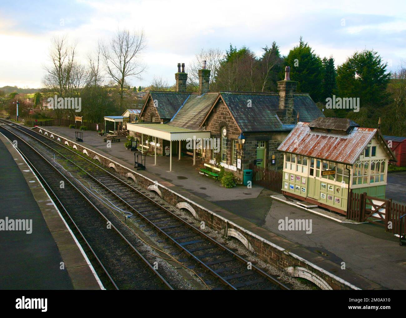 An overhead view of the Embsay Railway Station, Embsay, Skipton, North ...