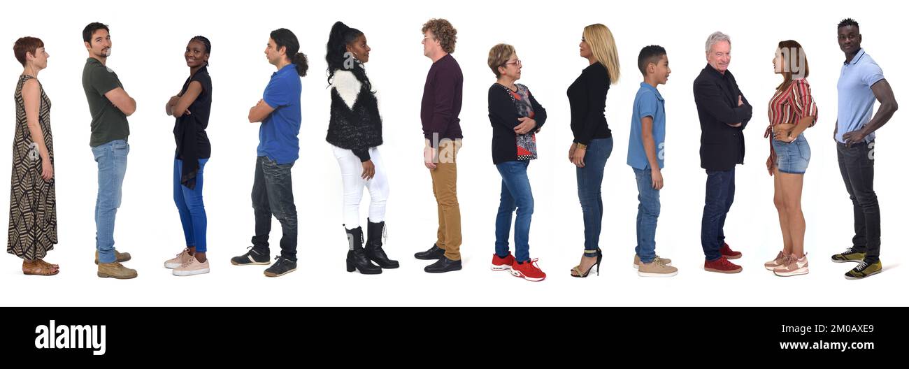 side view of large group o people on white background Stock Photo - Alamy