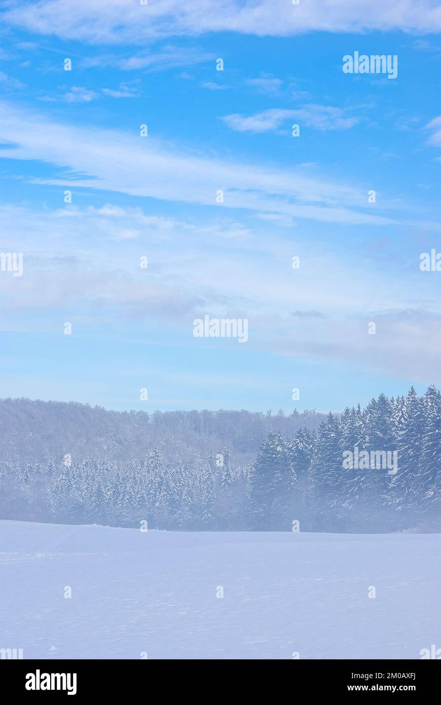 Snow drifts across the wide open space of a winter landscape with a ...