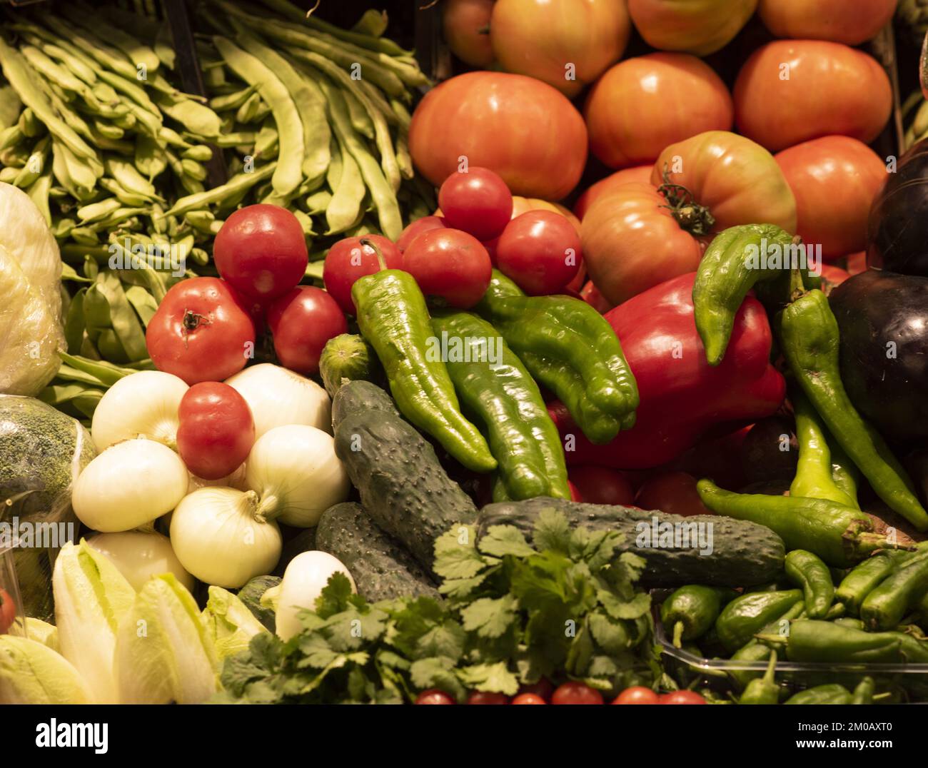 Fresh vegetables in offerings in the open-air market in Barcelona ...