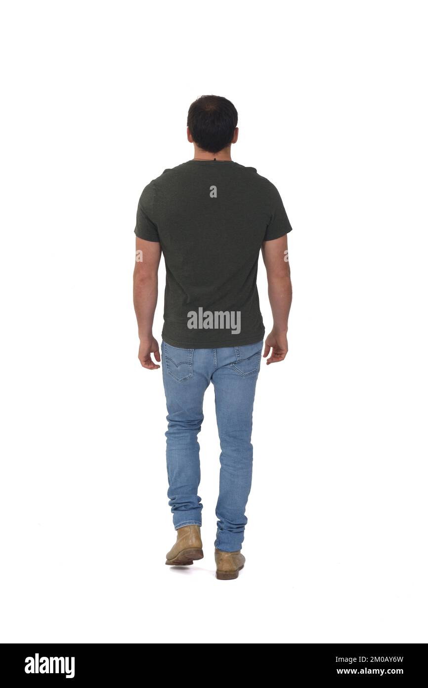 back view of a man walking on white background Stock Photo - Alamy