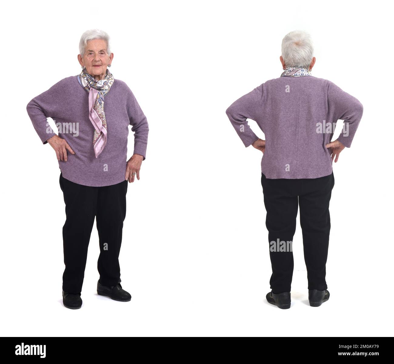 front and back view of same senior woman on white background Stock ...