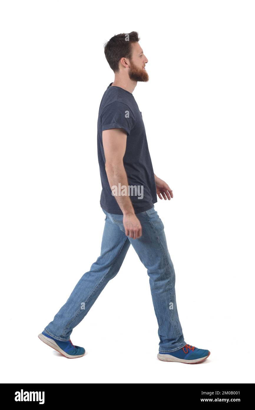side view of a man walking on white backgound Stock Photo - Alamy