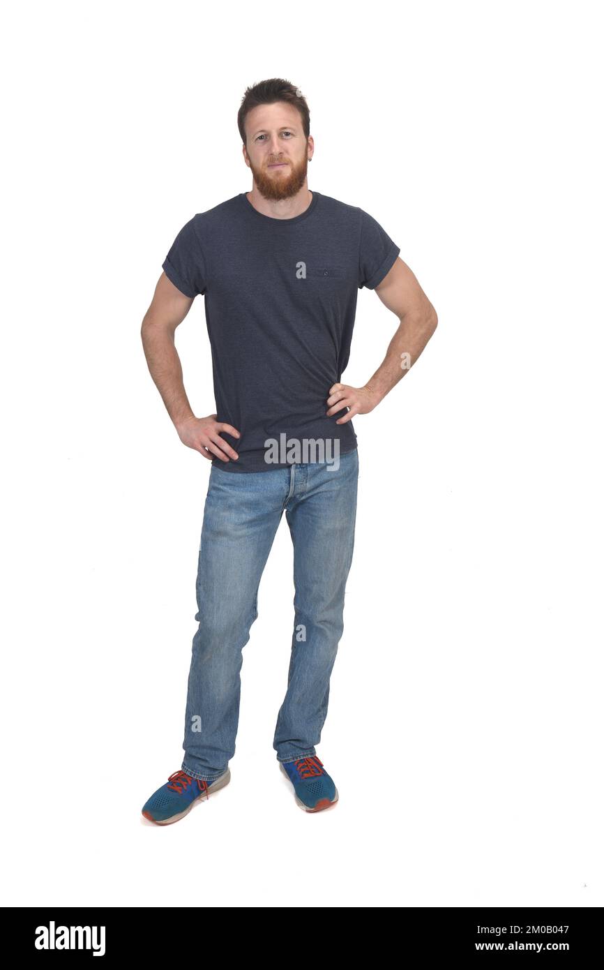 front view of a man with hands akimbo on white background Stock Photo ...