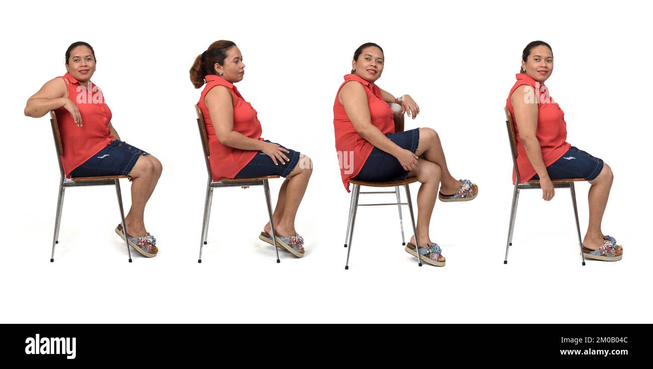 side view of various poses of same woman sitting on chair on white ...