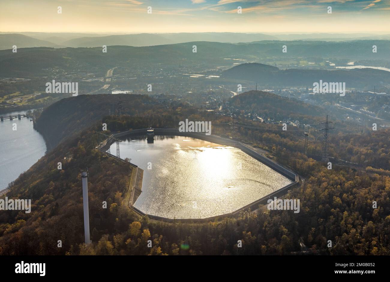 Aerial view, storage basin at Koepchenwerk in backlight in Wittbräucke ...