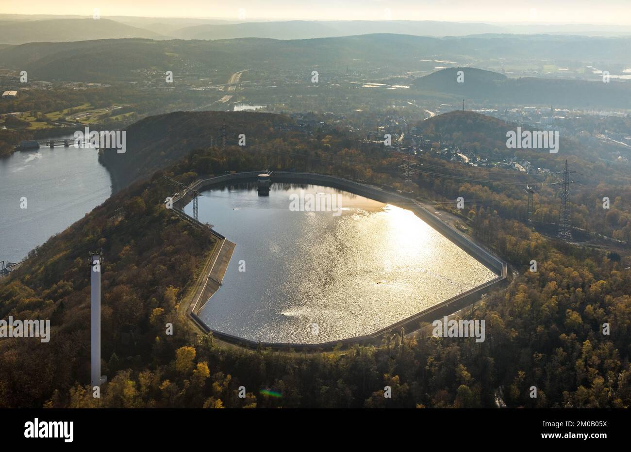 Aerial view, storage basin at Koepchenwerk in backlight in Wittbräucke ...