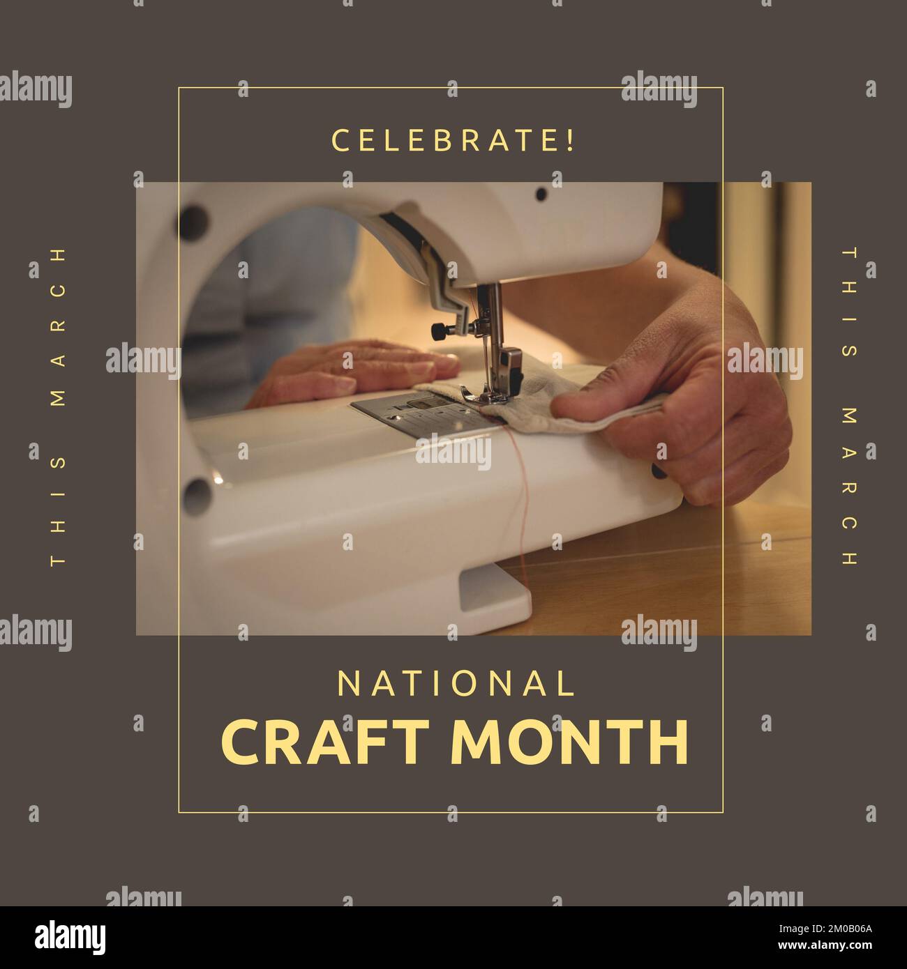 Composition of national craft month text and woman using sewing machine ...