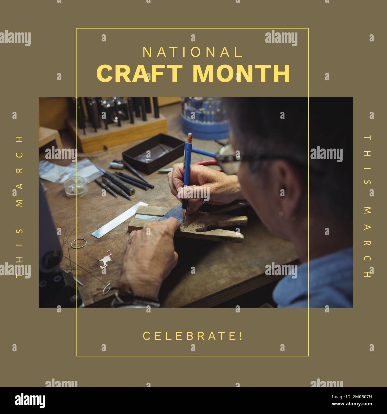 Composition of national craft month text and senior man in workshop ...