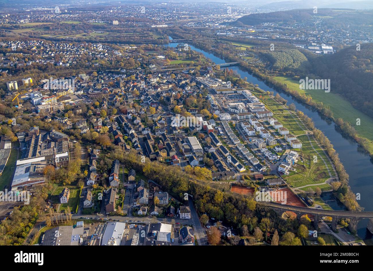 Aerial view, town view with Ruhr-Aue quarter and Ruhr promenade at Ruhr ...
