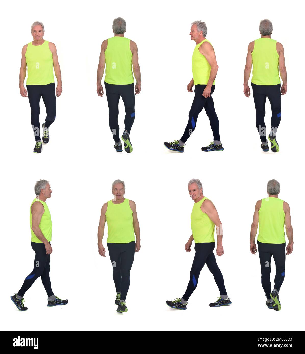 large group of same senior man with sportswear various poses walking on ...