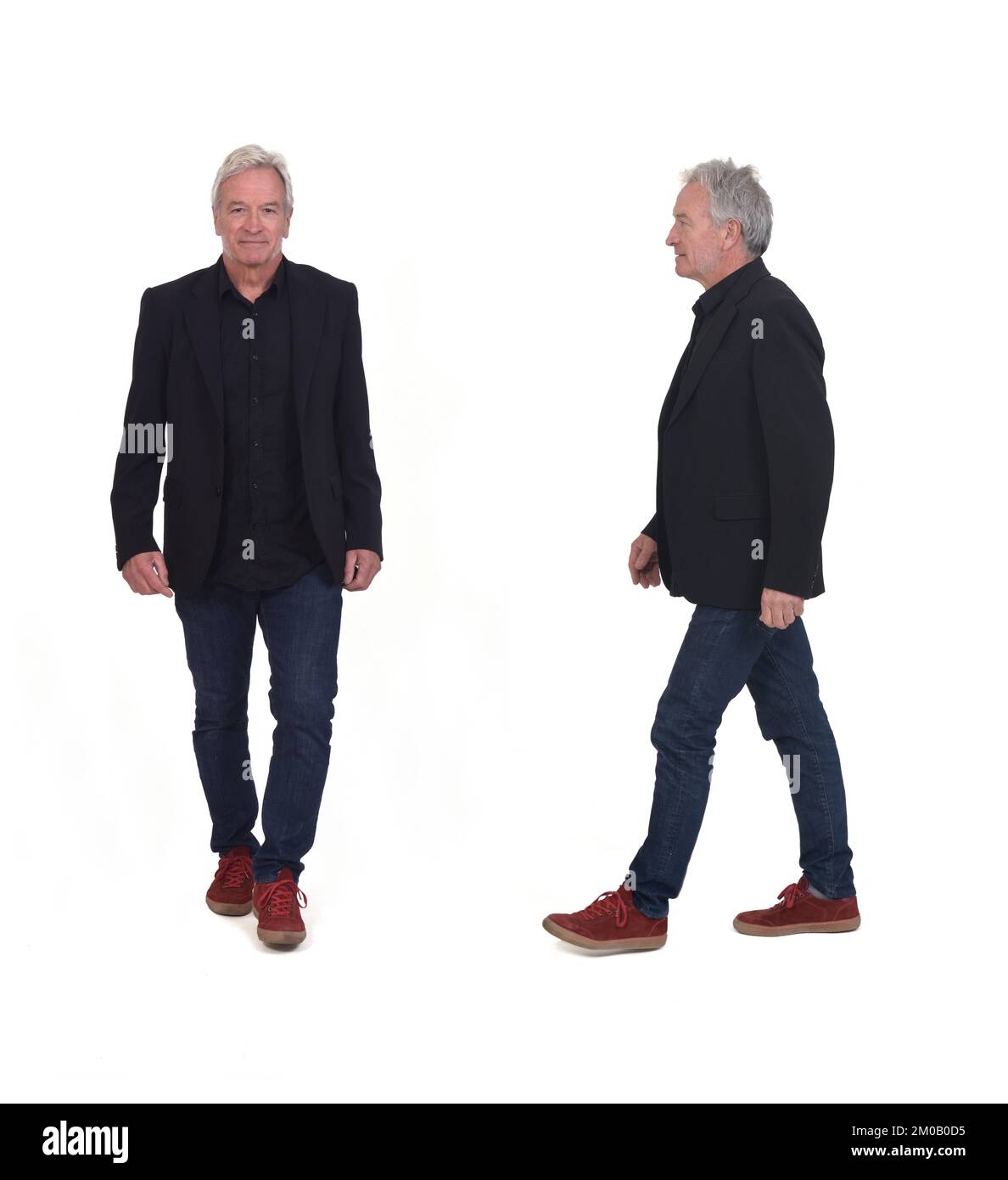 front and side view of same men walking on white background Stock Photo ...